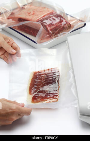Fresh meat in vacuum packaging. Vacuuming meat in a vacuum Stock Photo ...