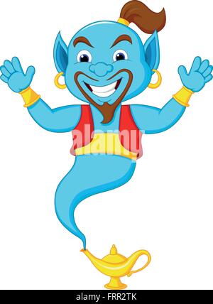 Illustration of a friendly Jinn or genie coming out of a gold magic oil lamp like the one in the ...