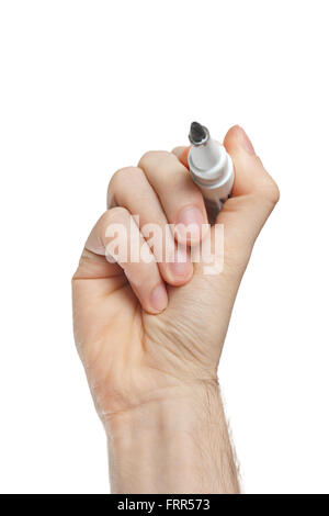 Hand holding pen facing the viewer isolated on a white background ...