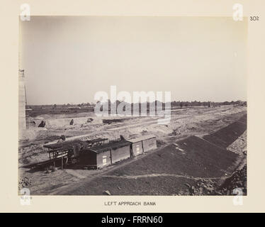 A view of the left approach to a railroad bridge, showing the earth ...