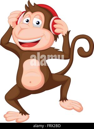 Funny cute monkey dancing and listening music with an inspirational ...