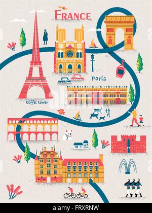 attractive France travel map with attractions in flat design Stock ...