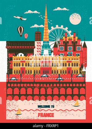 lovely France travel poster with famous attractions and specialties ...