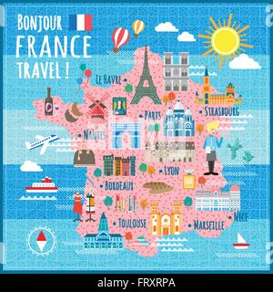 attractive France travel map with attractions in flat design Stock ...