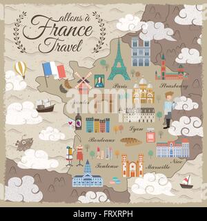 attractive France travel map with attractions in flat design Stock ...