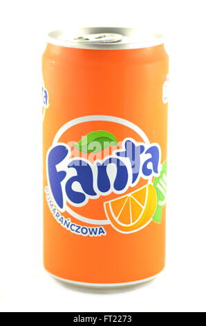 A can of orange Fanta soda carbonated drink photographed against a ...