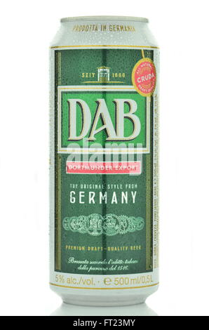 DAB beer isolated on white background. Dortmunder Actien Brauerei is a ...
