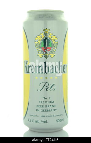 Krombacher pils beer isolated on white background. Krombacher brewery ...