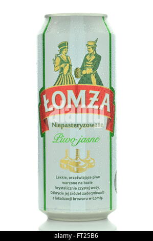 Lomza unpasteurized lager beer isolated on white background. Lomza ...