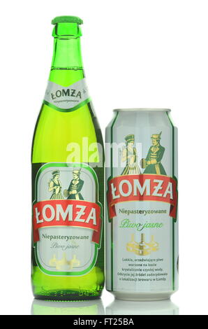 Lomza unpasteurized lager beer isolated on white background. Lomza ...