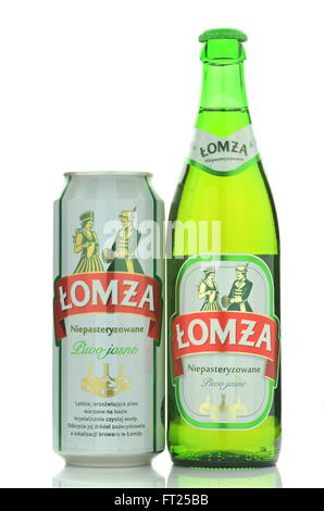Lomza unpasteurized lager beer isolated on white background. Lomza ...