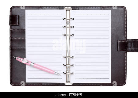 opened brown leather notebook and ballpoint pen Stock Photo - Alamy