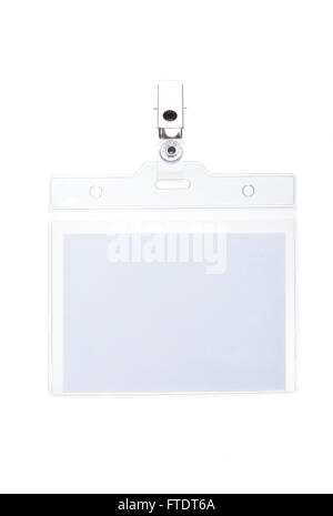 Blank clip on name tag with red lanyard and copy space isolated on ...