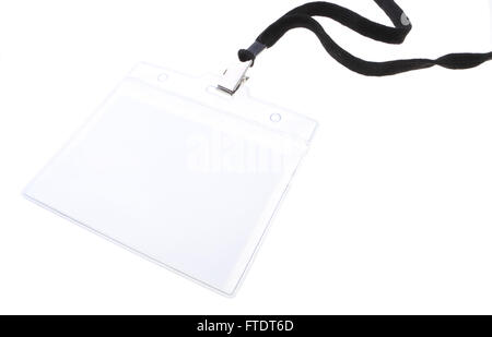 Blank clip on name tag with red lanyard and copy space isolated on ...