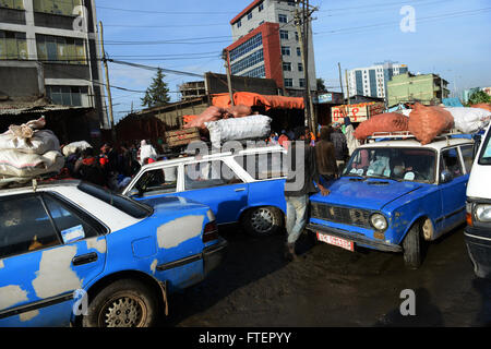 ETHIOPIA, Addis Ababa, traffic at Piazza , city centre / AETHIOPIEN ...