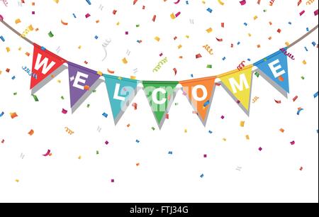 welcome party flags banner with confetti rain on white background ...