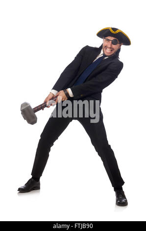 Pirate businessman holding hammer isolated on white Stock Photo - Alamy