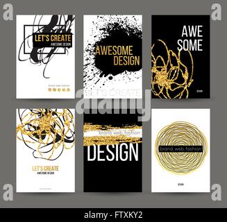A set of brochures with golden hand-drawn design elements. Vector ...