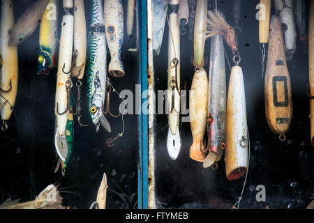 Hooks and lures in a fishing shack window, Menemsha, Cillmark, Martha's ...