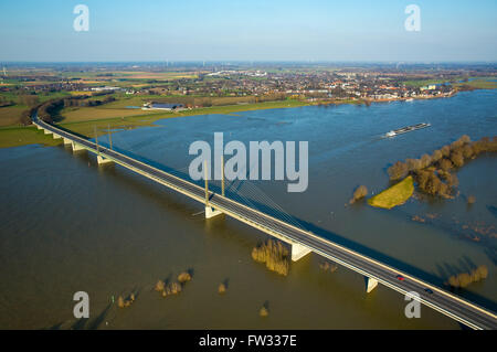 Aerial view, Emmerich Rhine Bridge, floodplains, cargo ships, cable ...