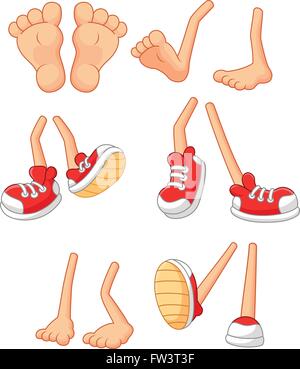 Cartoon walking feet in red sneakers on stick legs in various positions ...