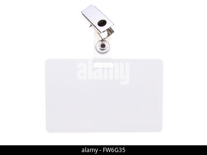 Blank clip on name tag with red lanyard and copy space isolated on ...