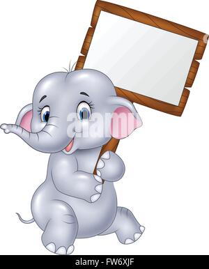 Cute baby elephant holding blank sign on tree stump Stock Vector Image ...