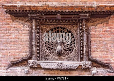 The peacock window, famous wood carving in the city of Bhaktapur, Nepal ...