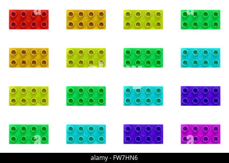 A grid of different coloured Lego pieces against a white background ...