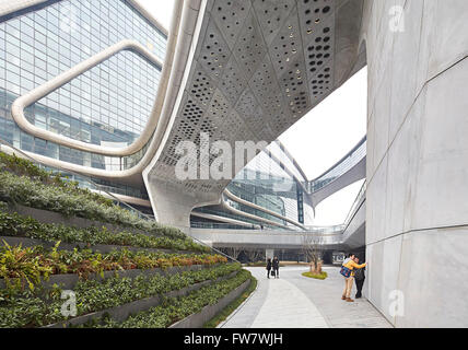 Landscaped walkways and soffit of bridge link. Sky SOHO, Shanghai ...