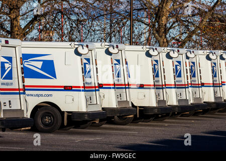 United States Postal Service USPS vans lined up in suburban parking ...