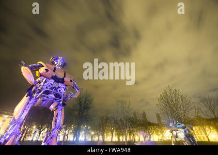 View at night of giant replica statue of RX-78-2 Gundam, a character in ...