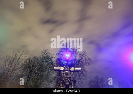 View at night of giant replica statue of RX-78-2 Gundam, a character in ...