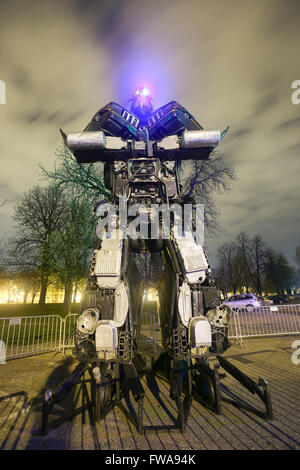 View at night of giant replica statue of RX-78-2 Gundam, a character in ...