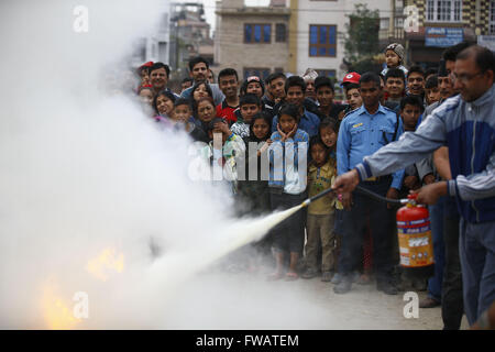 April 2, 2016 - Kathmandu, Nepal - A firefighter demonstrate while ...