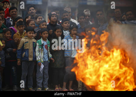 April 2, 2016 - Kathmandu, Nepal - A firefighter demonstrate while ...