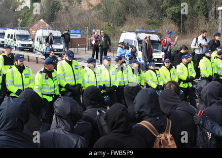 Dover, UK. 02nd Apr, 2016. A line of riot police with police horses ...