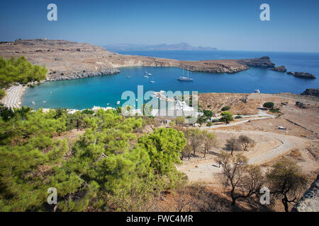 Historical yacht in Lindos bay on Rodos island Stock Photo - Alamy