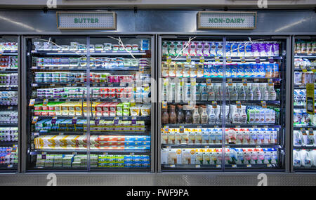 Butter displayed in a dairy refrigerator case at a grocery store Stock ...