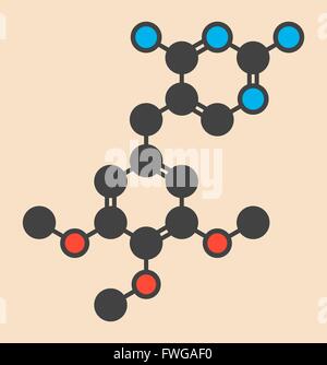 Trimethoprim antibiotic drug, chemical structure. Atoms are represented ...