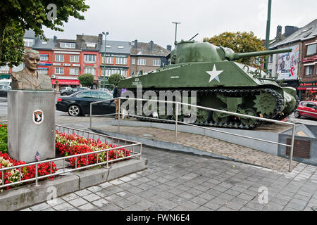A Sherman tank and the General McAuliffe memorial pictured on the ...