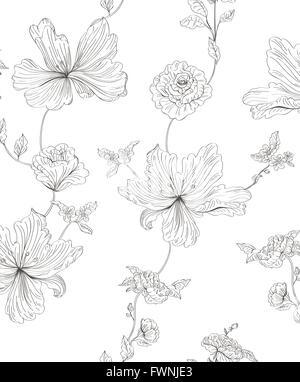 Seamless floral pattern with simple white line drawings of stems ...