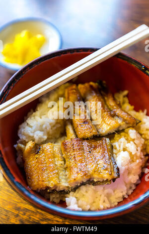 Unagi donburi, Unadon, Japanese eel grilled served with rice in a bowl, isolated on white ...