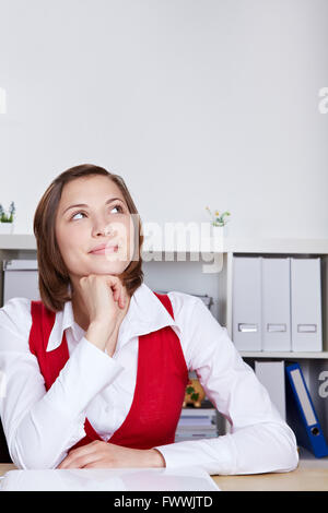 Thinking woman with idea in bubble above looking up isolated on white ...