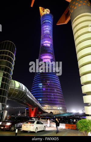 Illuminated Torch Tower (Aspire Tower) by night, Doha, Qatar Stock ...