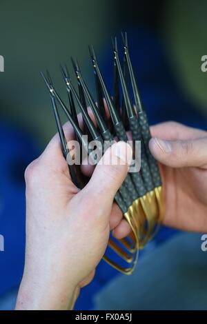 Tuttlingen, Germany. 08th Apr, 2016. Several CranioFix2 titanium clamps ...