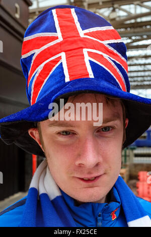 Glasgow Rangers football supporter wearing a Union Jack Top hat before ...