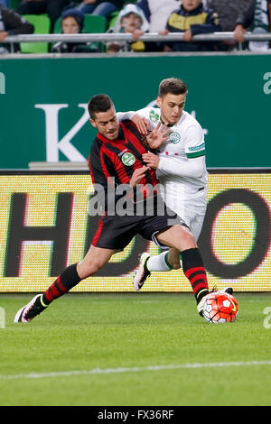 BUDAPEST, HUNGARY - APRIL 2: Endre Botka of Ferencvarosi TC battles for ...