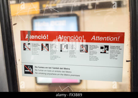 Attention. Rules on a train in metro Barcelona,Catalonia,Spain,Europe ...