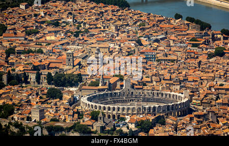 Aerial view, historic city of Arles on the Rhone, downtown Arles the ...